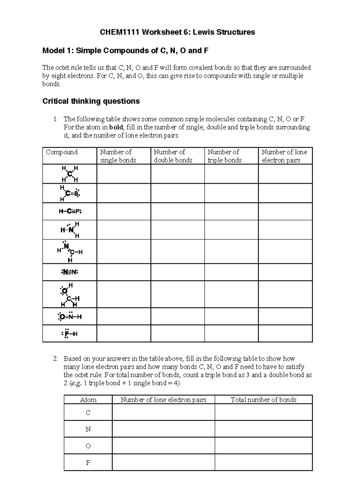 Chem1111Tutorial 06 - tut sheet - CHEM1111 Worksheet 6: Lewis ...