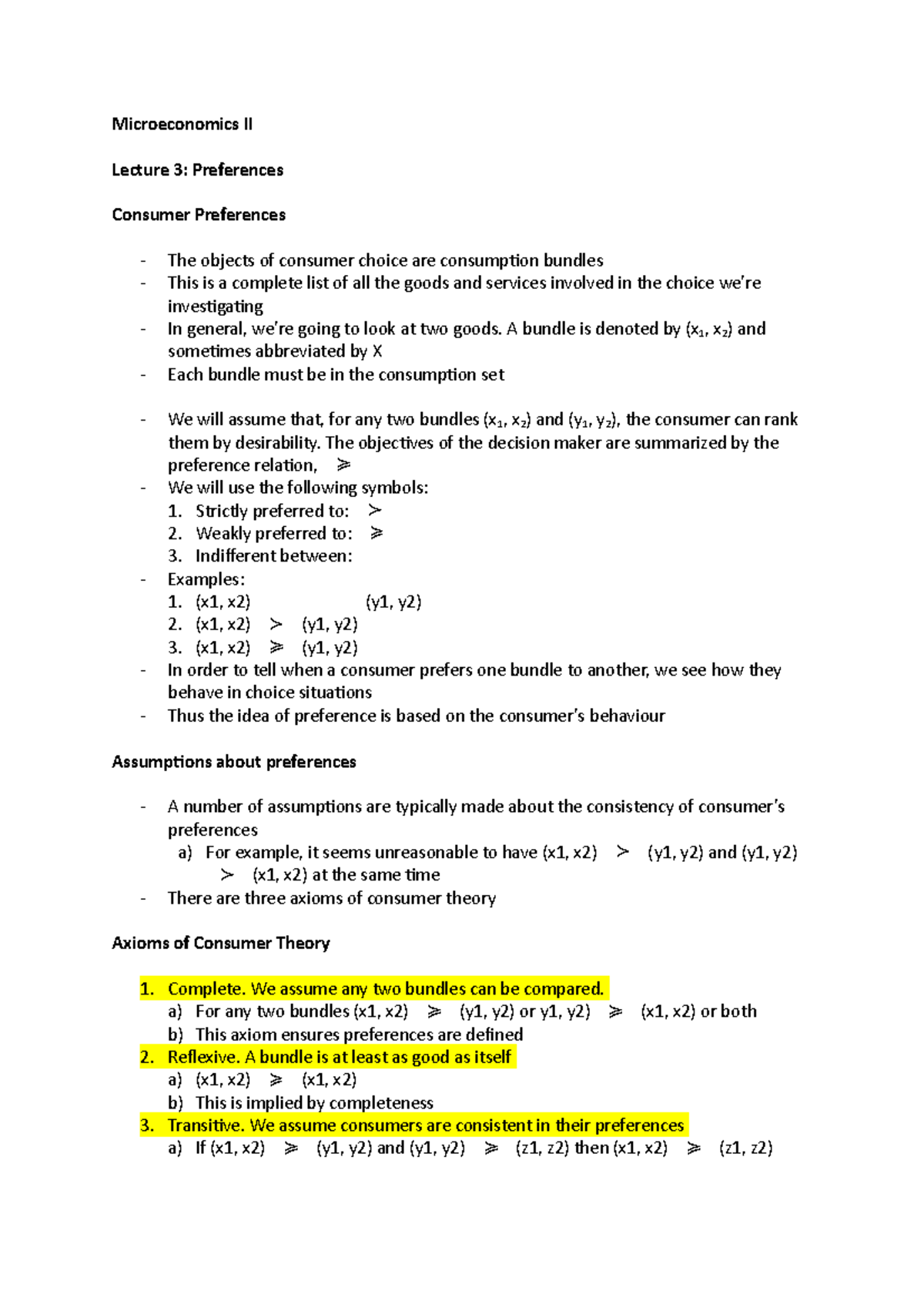 Lecture 3 Preferences - Term 1, Dr Graeme Pearce - Microeconomics II ...