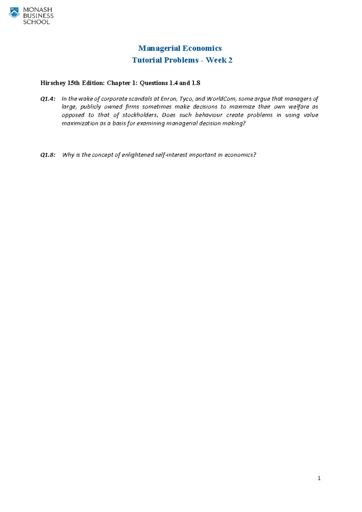 Managerial Economics Tutorial Problems for Week 2 - 1 Managerial ...