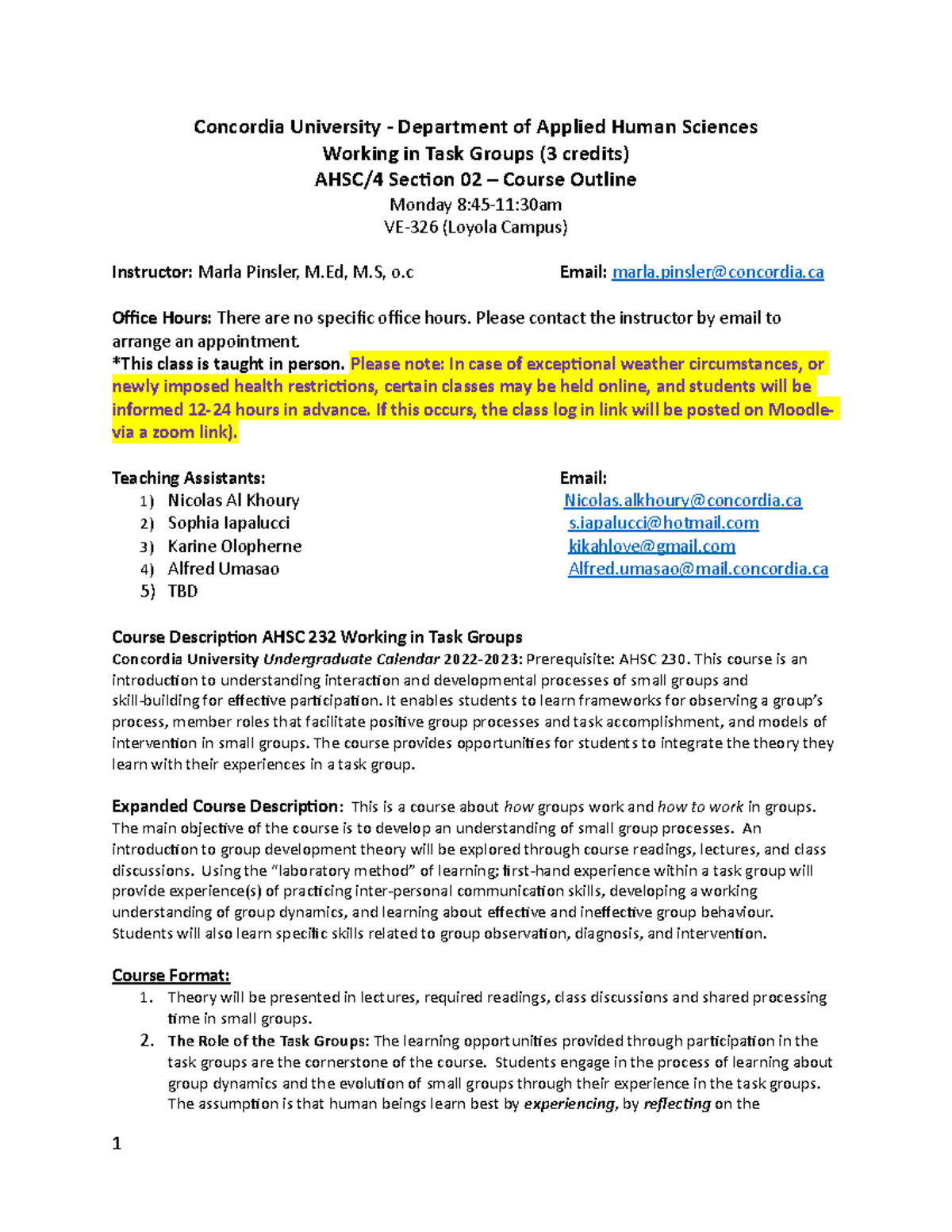 AHSC232 Course Outline winter 2023 - Concordia University - Department ...