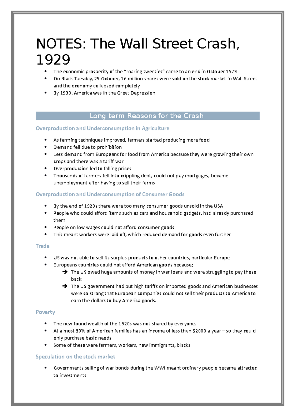 Notes - history - wall street crash - NOTES: The Wall Street Crash ...
