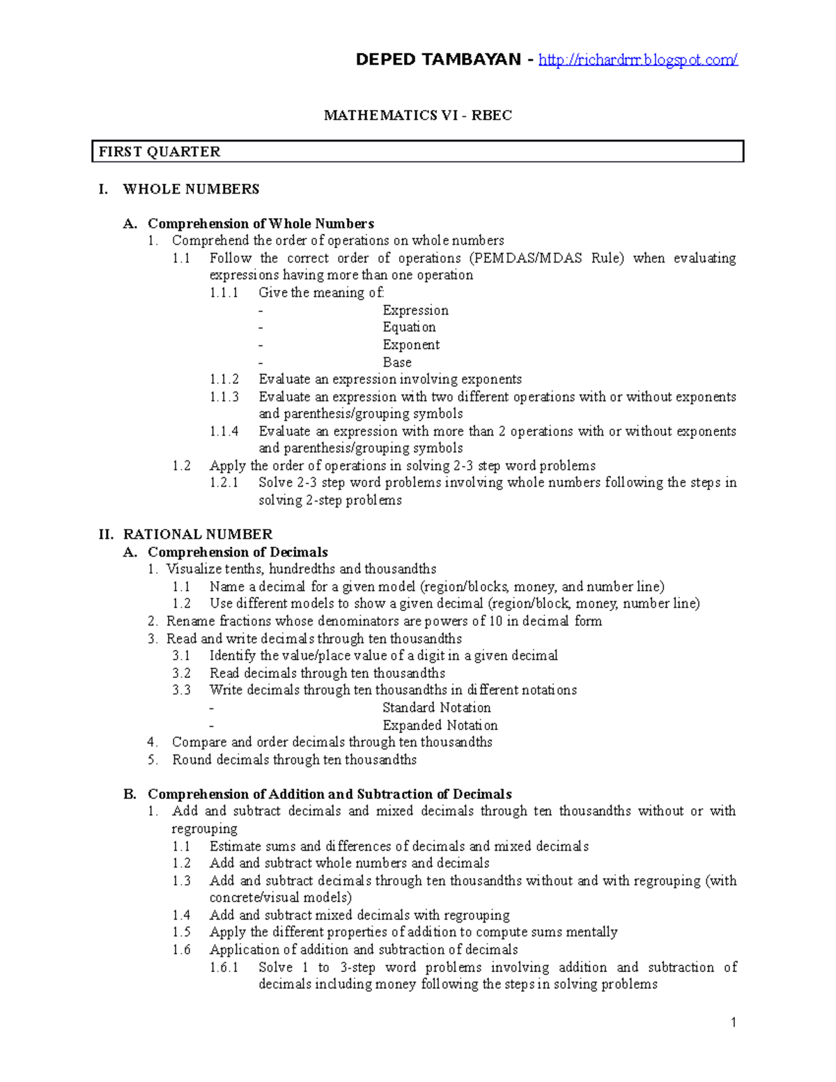 BW Mathematics 6 - reviewer - MATHEMATICS VI - RBEC FIRST QUARTER I ...