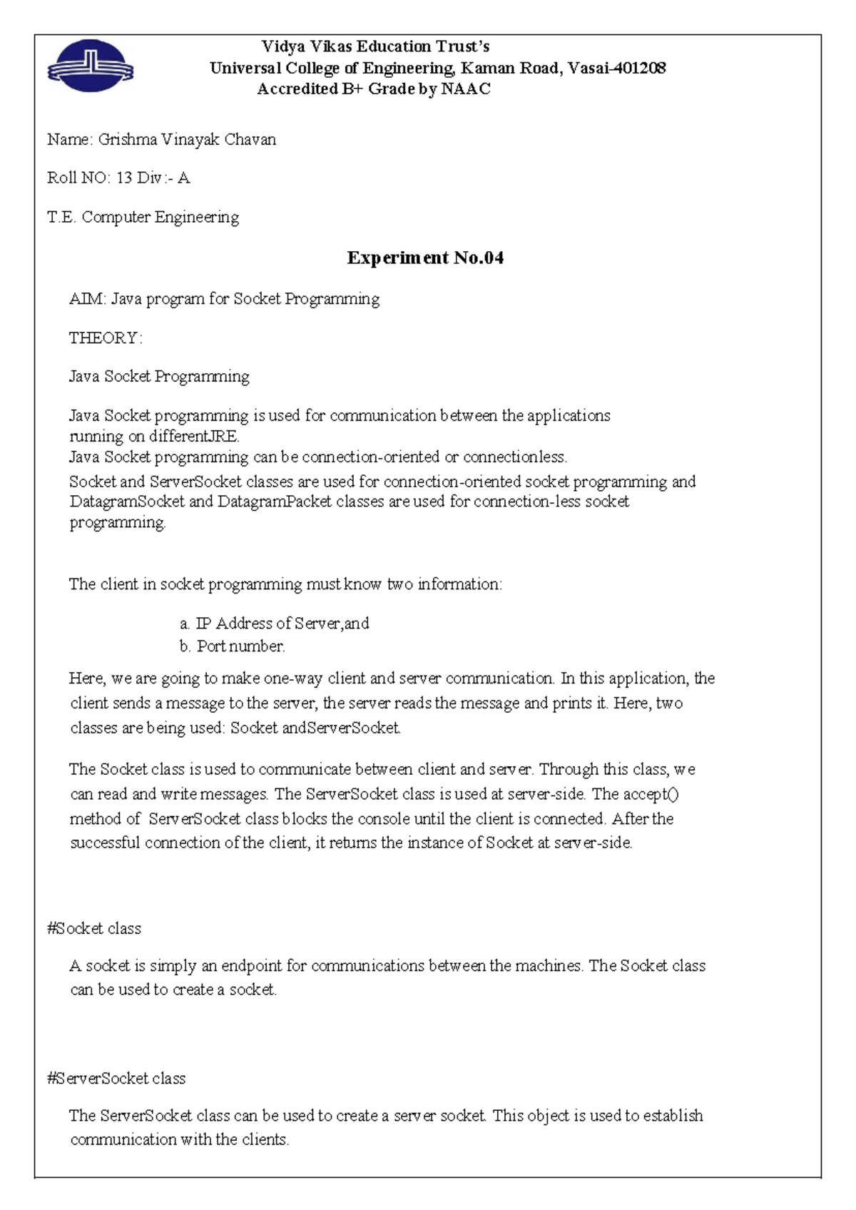 Experiment 04 - Universal College of Engineering, Kaman Road, Vasai- Accredited B+ Grade by NAAC ...