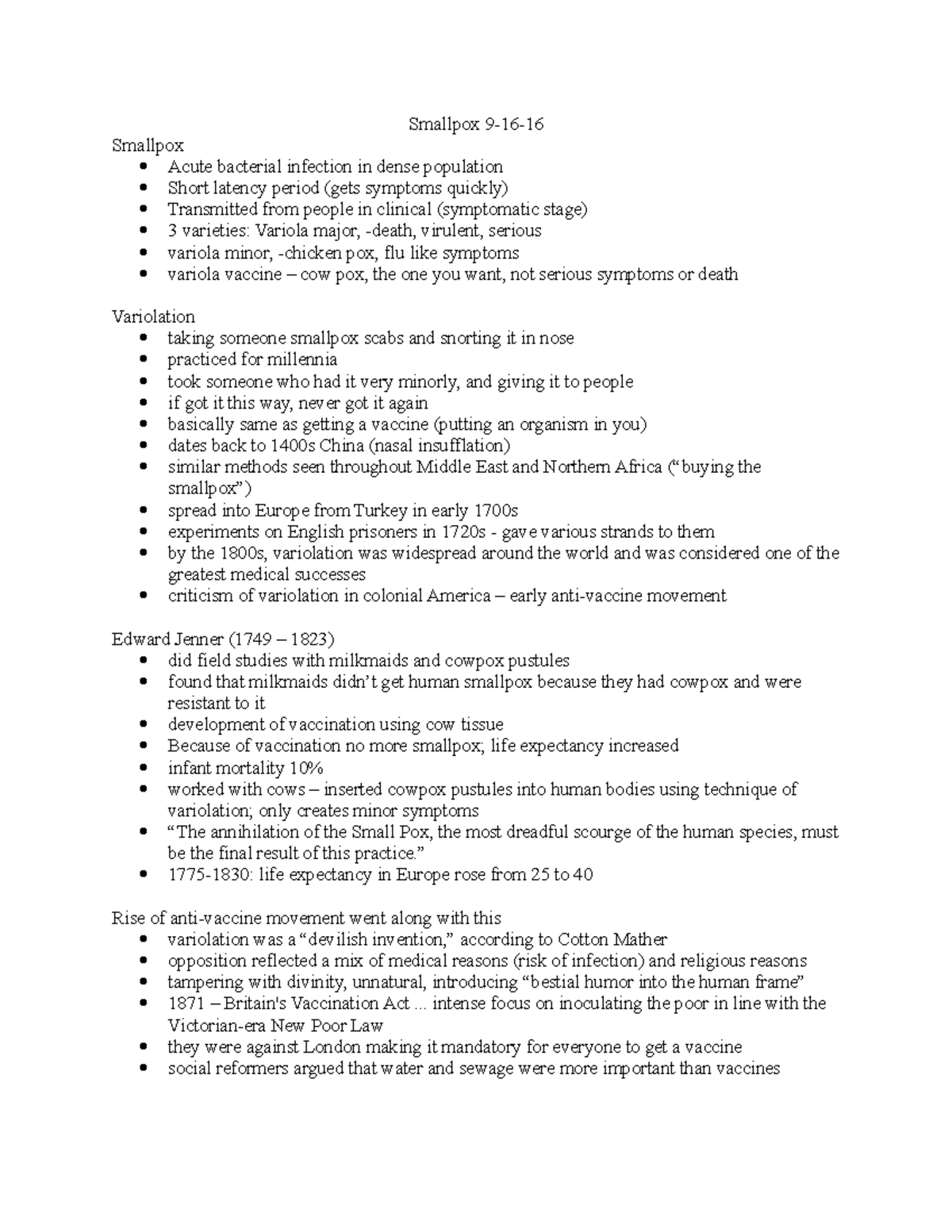 9-16-16 Smallpox - Lecture notes 7 - Smallpox Smallpox Acute bacterial ...