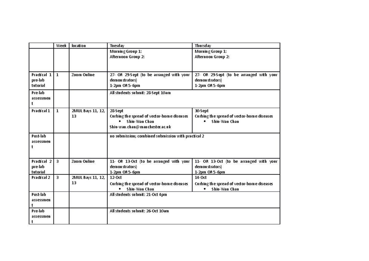 Assessment time-table for students BIOL21051 2019 - Week location ...