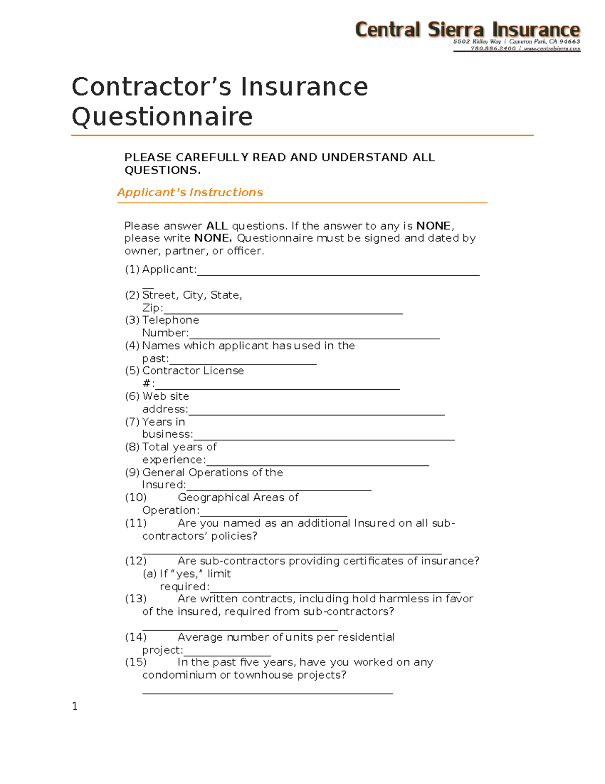 Word project #2 - CIS - Contractor’s Insurance Questionnaire PLEASE ...