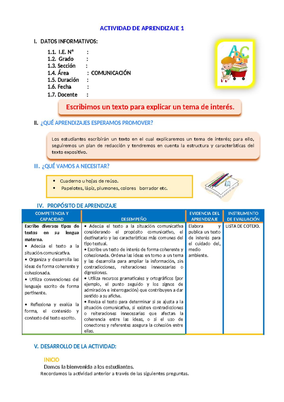 D1 A1 Sesion COM. Escribimos un texto para explicar un tema de interés ...