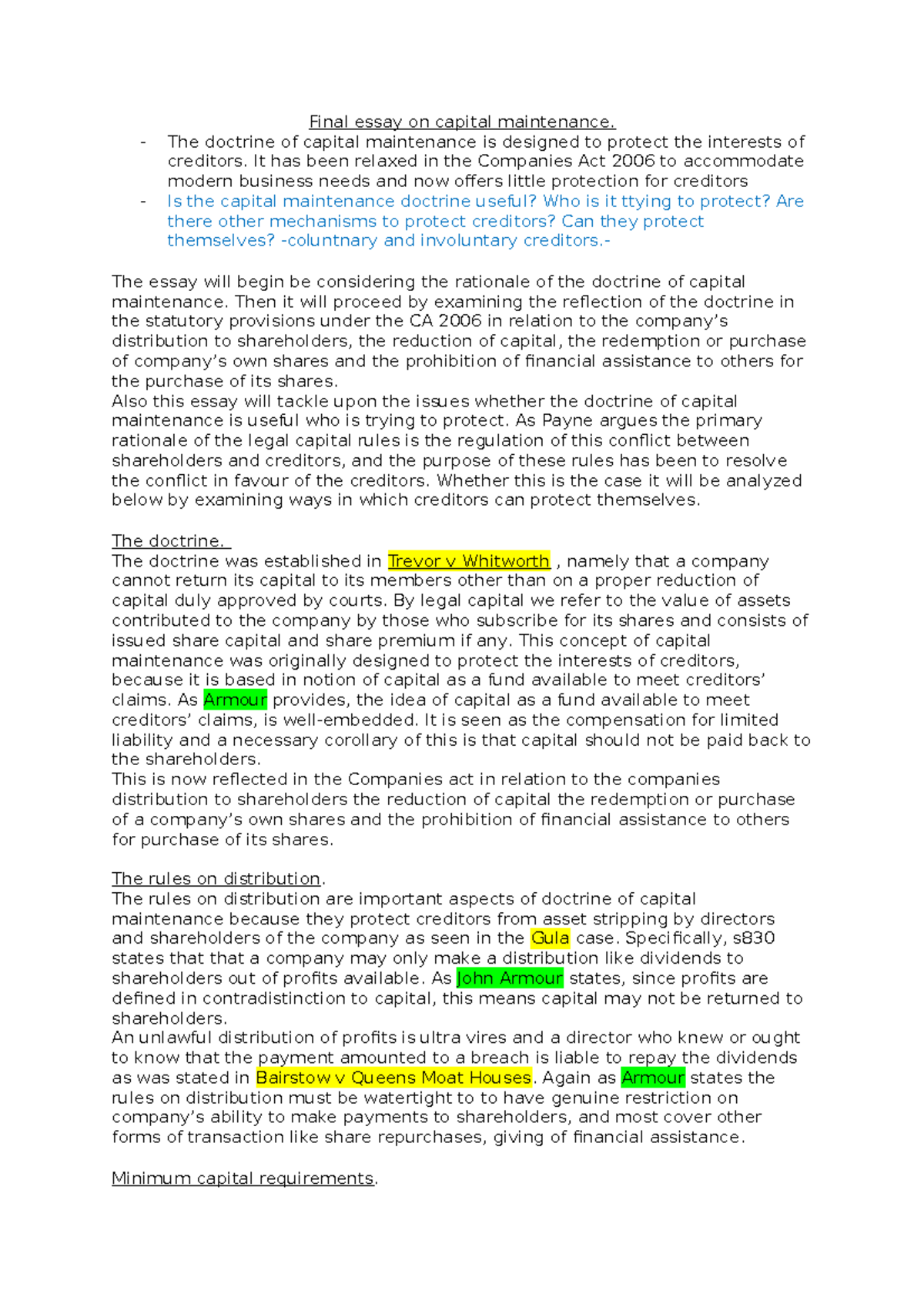 Final essay on capital maintenance - The doctrine of capital ...