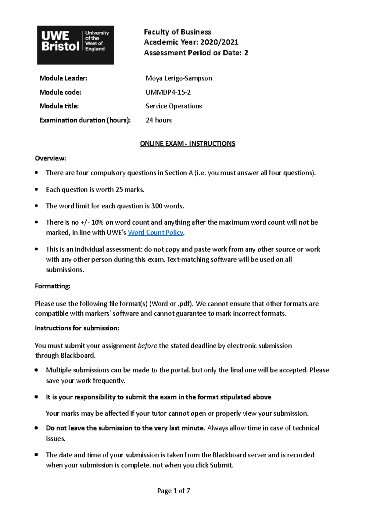 Exam Briefing for Students - Faculty of Business Academic Year: 2020 ...