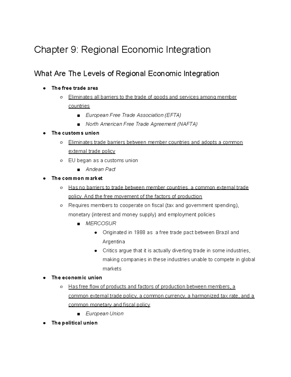 IBUS326 Chapter 9 - Chapter 9: Regional Economic Integration What Are The Levels of Regional ...