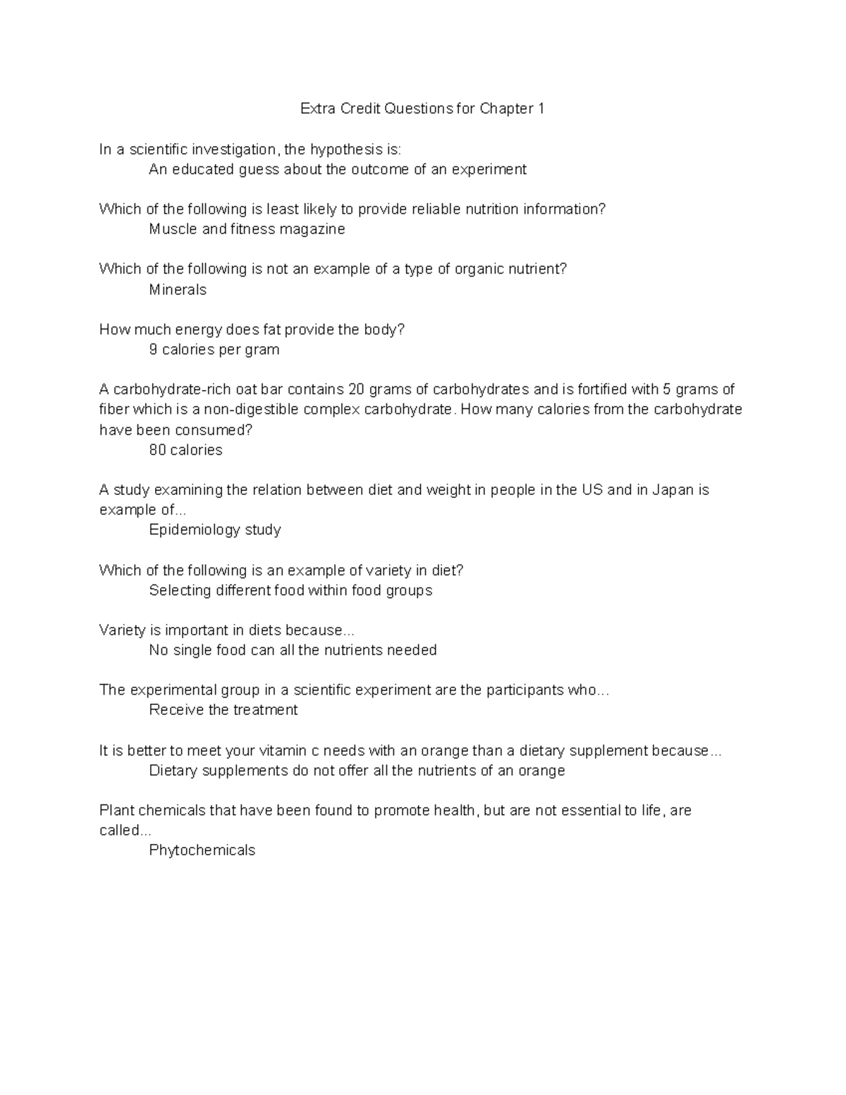 Extra Credit Questions for Chapter 1 - How many calories from the ...