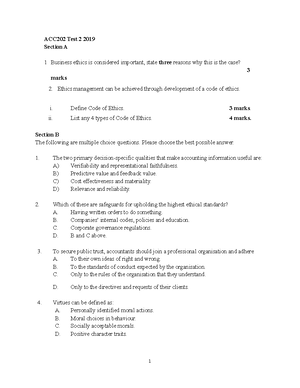 ACC202 Test 1 March - ACC 202 Ethics in Accounting Test 1 March 28 ...