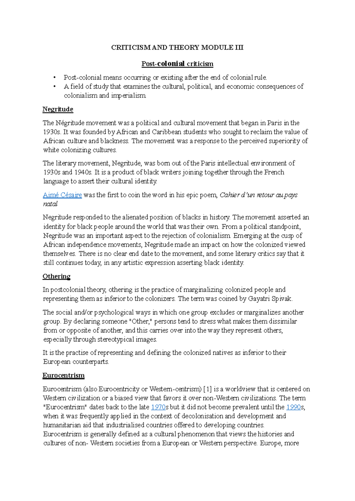 Criticism Mod III - CRITICISM AND THEORY MODULE III Post-colonial ...