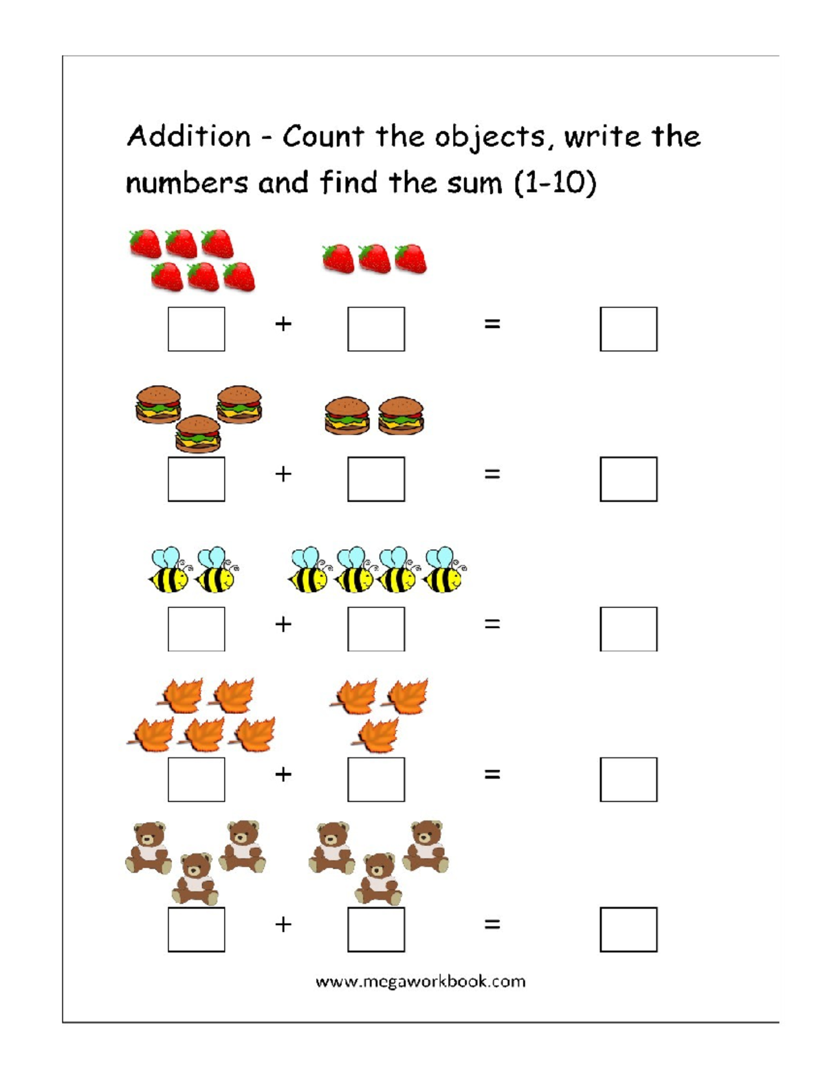 Addition worksheets - Addition Count the objects, write the numbers and ...