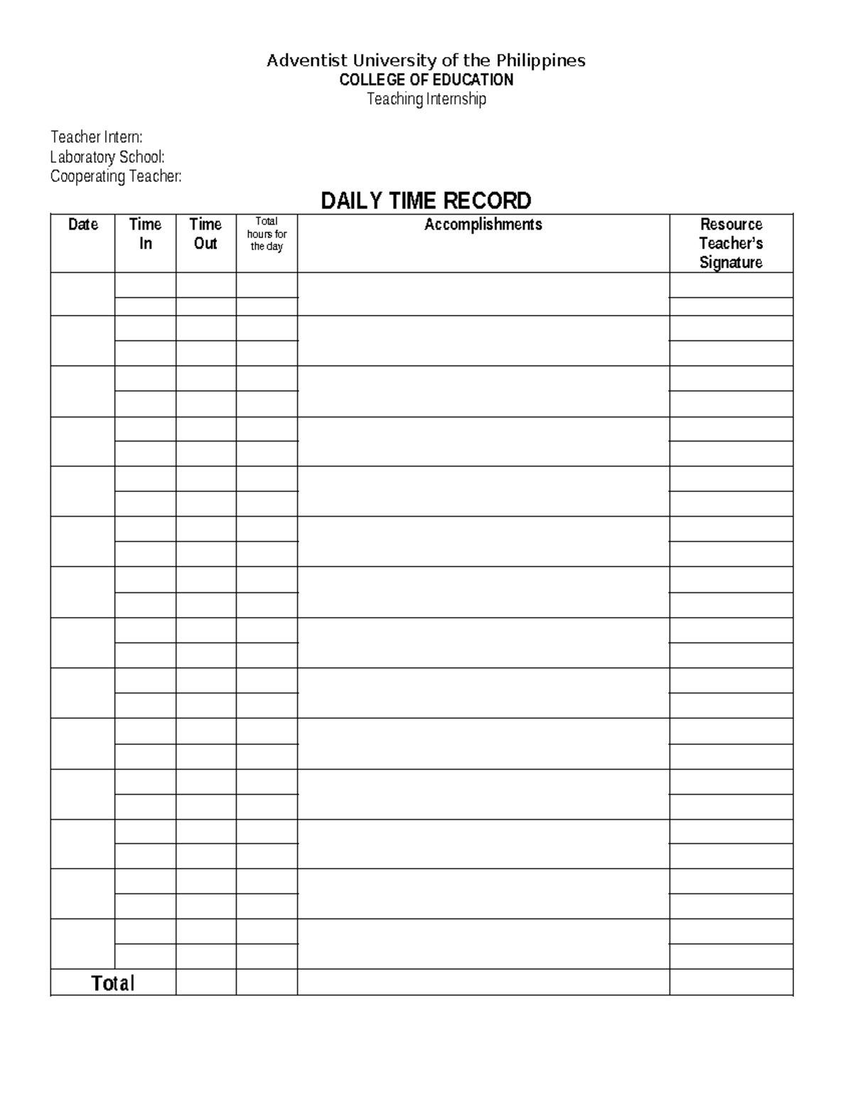 Daily TIme Record - Internship - Bachelor of Science in Commerce ...