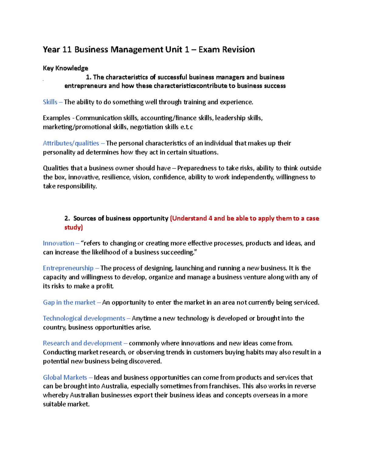 Year 11 Business Management Unit 1 Exam Revision Sheet - Year 11 ...