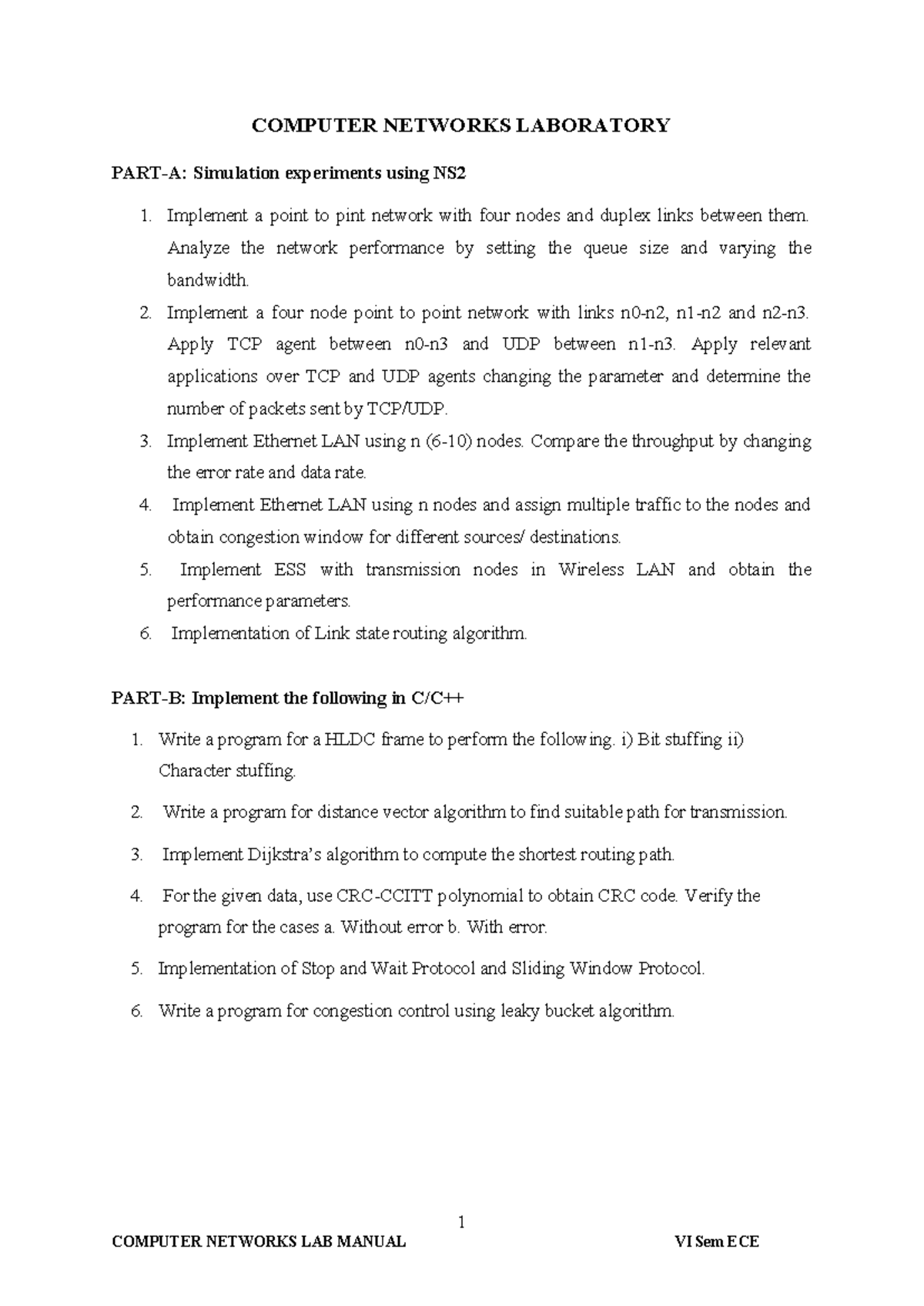 NSmanual - Network simulation lab manuals - COMPUTER NETWORKS LABORATORY PART-A: Simulation ...