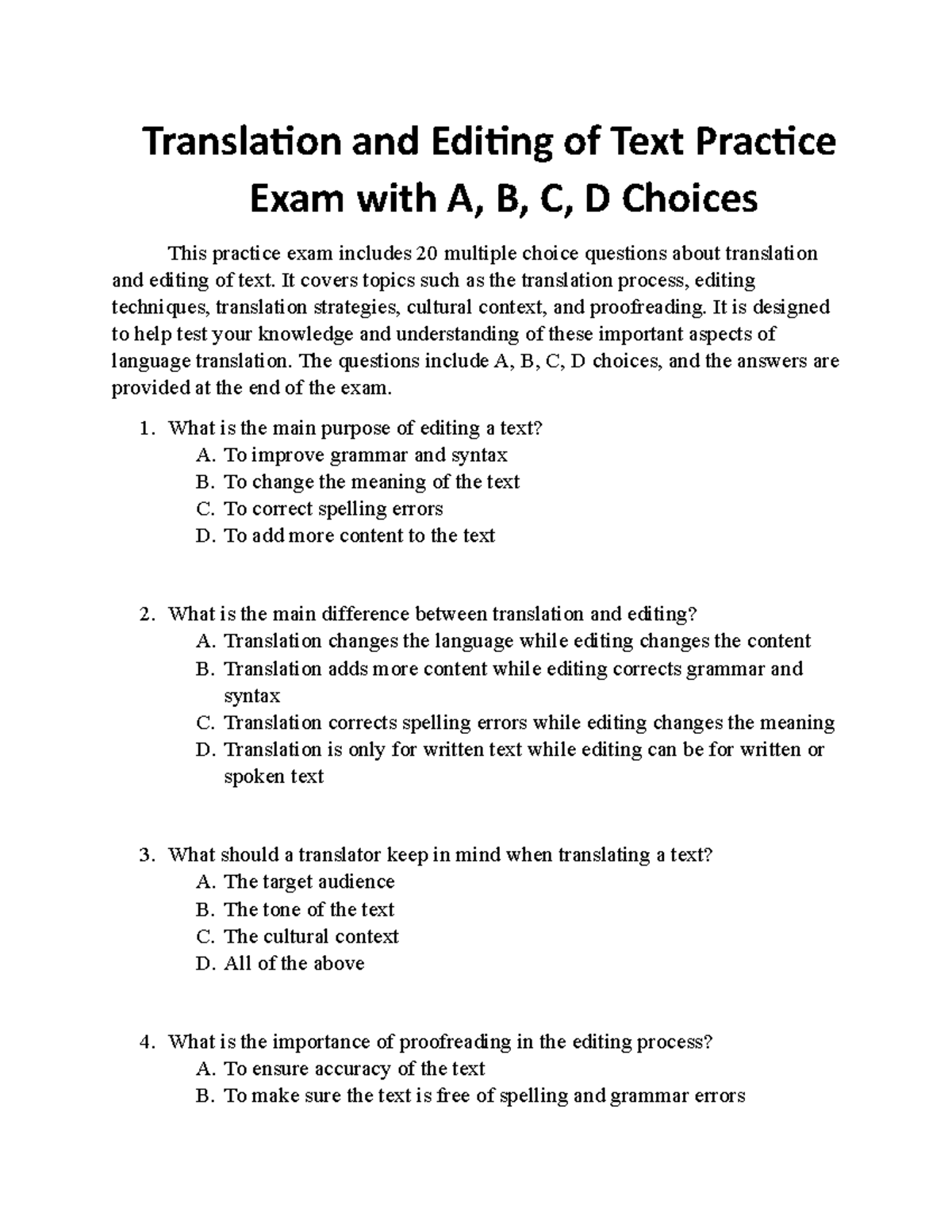 Translation and Editing of Text Practice Exam with Answers ...