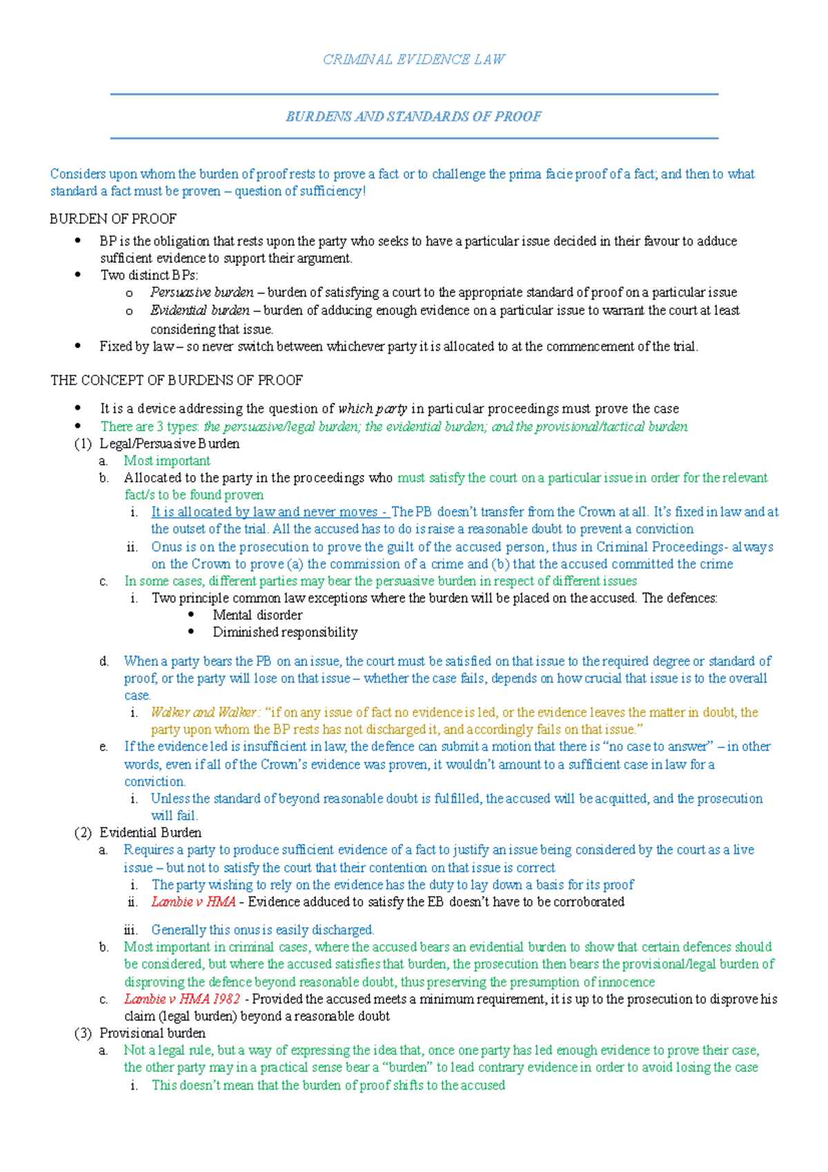 Criminal Evidence Notes - CRIMINAL EVIDENCE LAW BURDENS AND STANDARDS ...