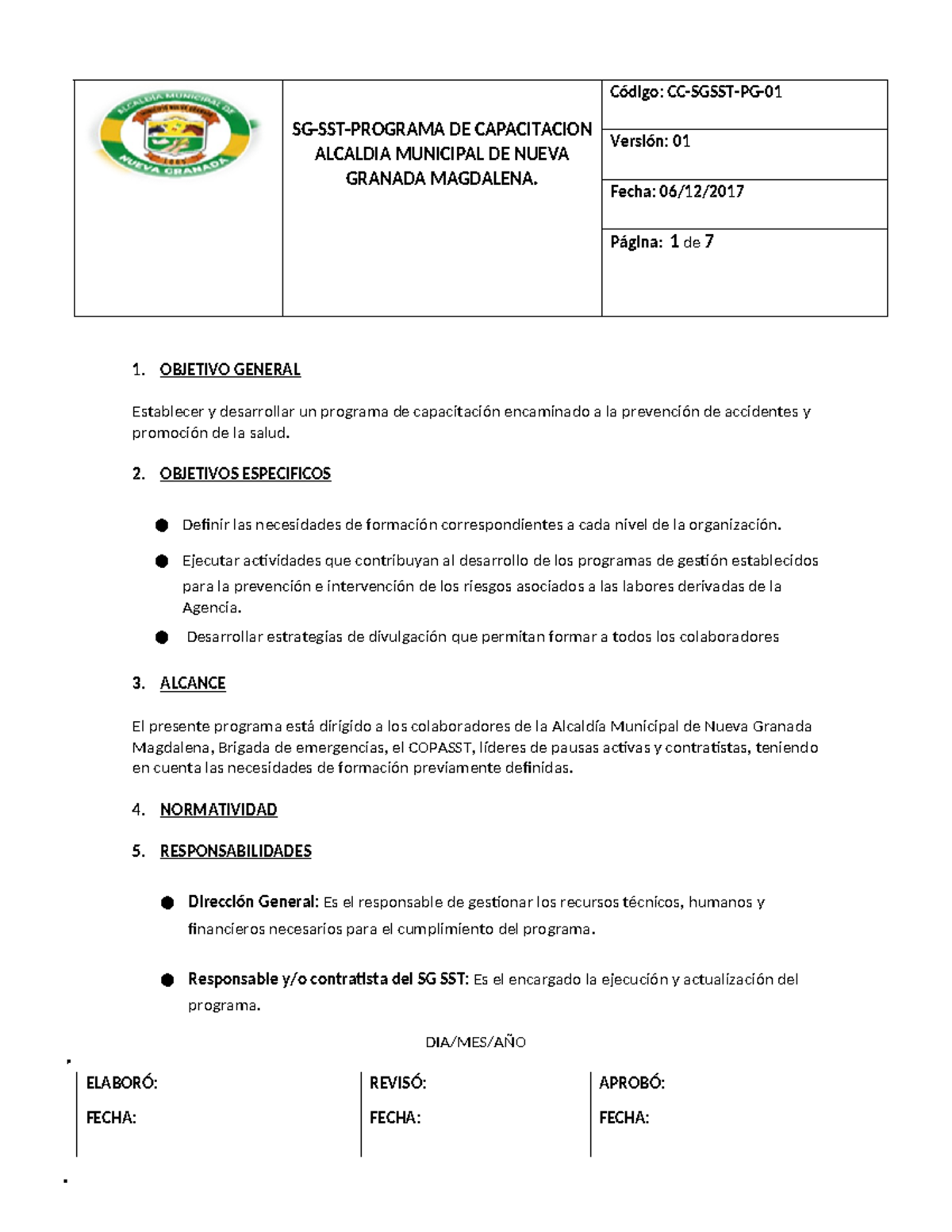 Programa de Capacitacion y Entrenamiento - SG-SST-PROGRAMA DE CAPACITACION ALCALDIA MUNICIPAL DE ...