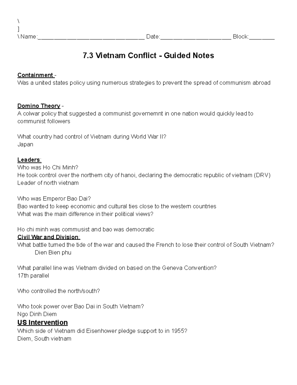 7.3 Vietnam Conflict Guided Notes - \ ] \ Name ...