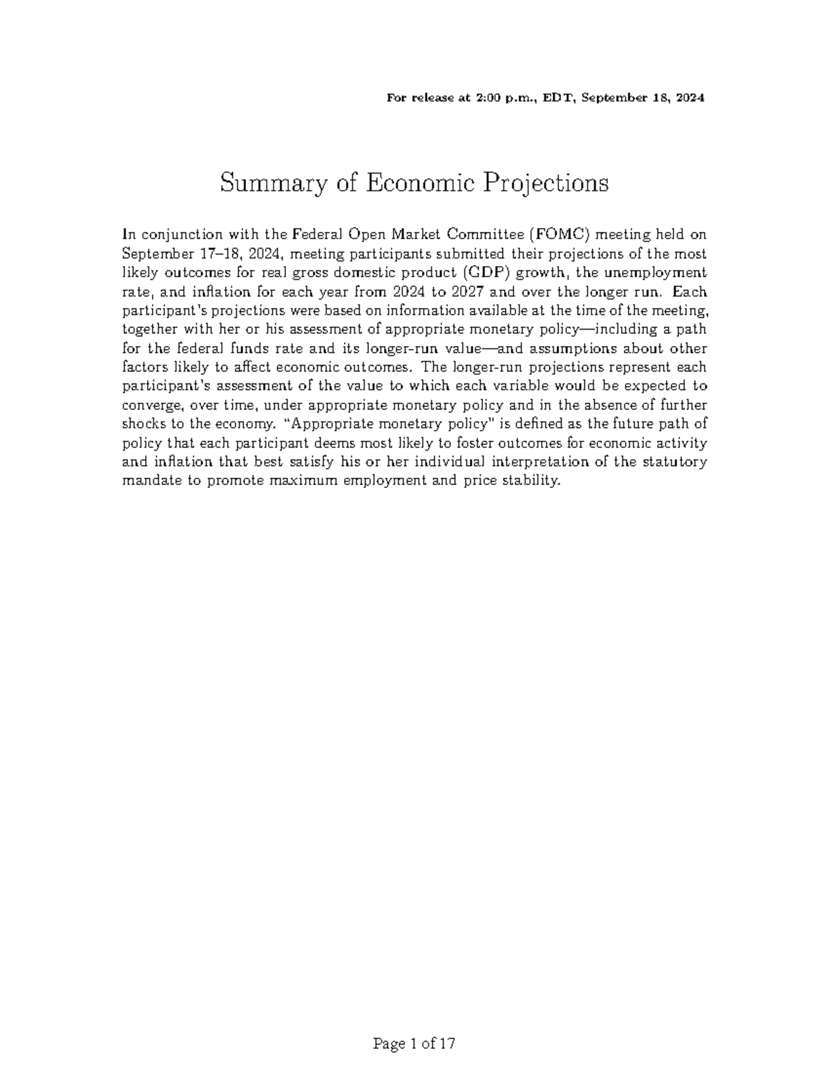 18sep2024 fomc - fomc statment - Summary of Economic Projections In ...