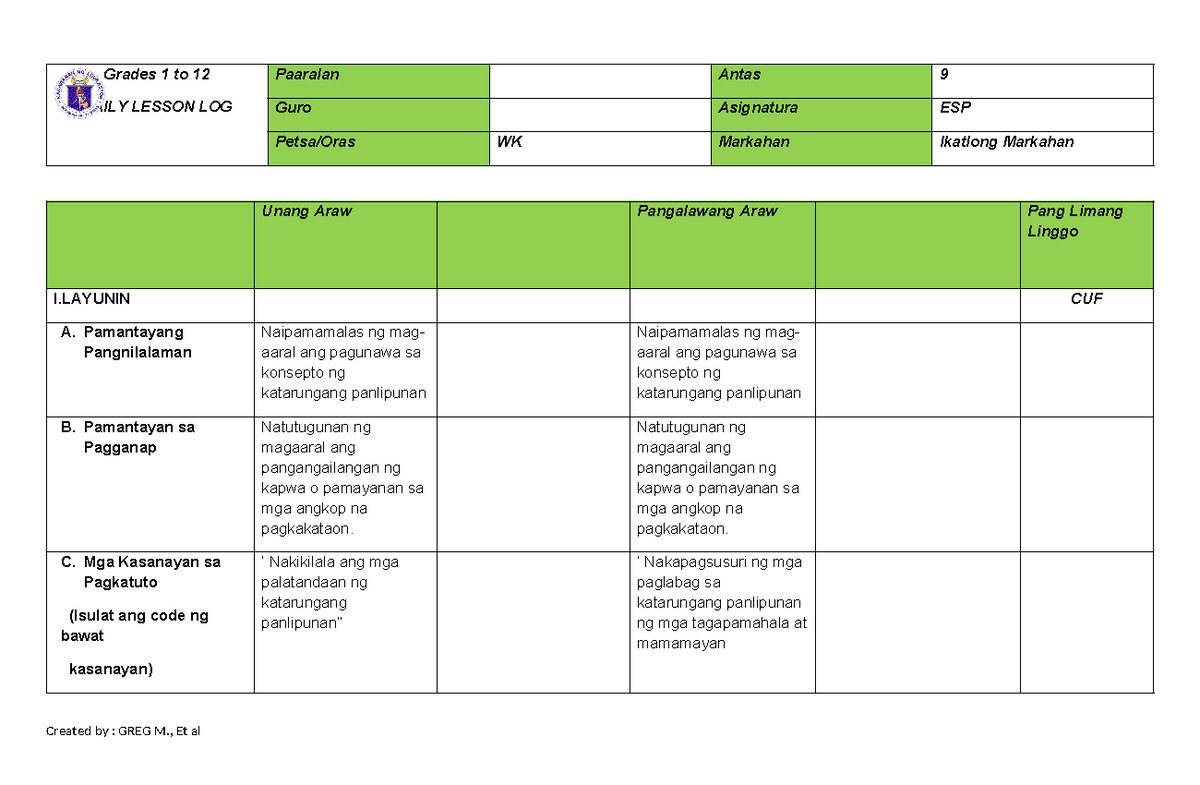 ESP9 Q3 WK1 DONE - Lesson Plan - Grades 1 to 12 DAILY LESSON LOG ...