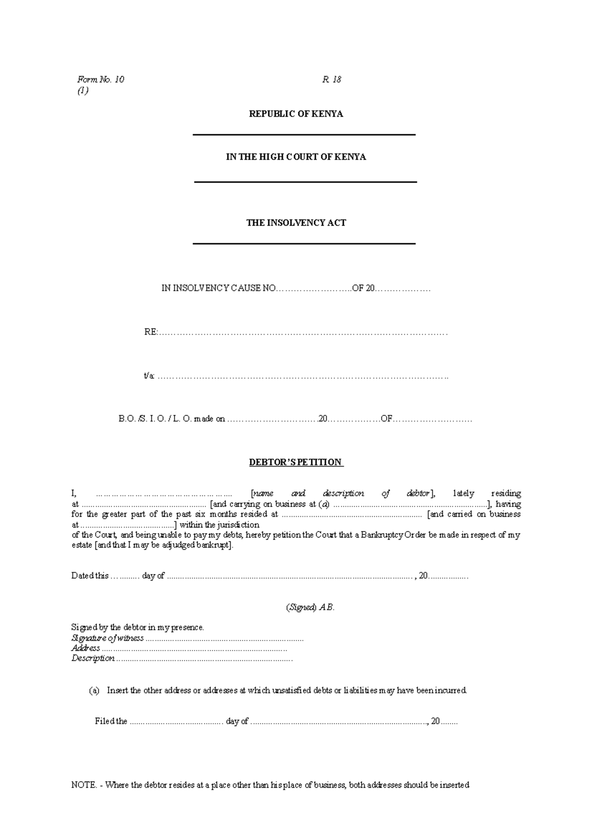 Form10 - Assignment - Form No. 10 R. 18 (1) REPUBLIC OF KENYA IN THE ...