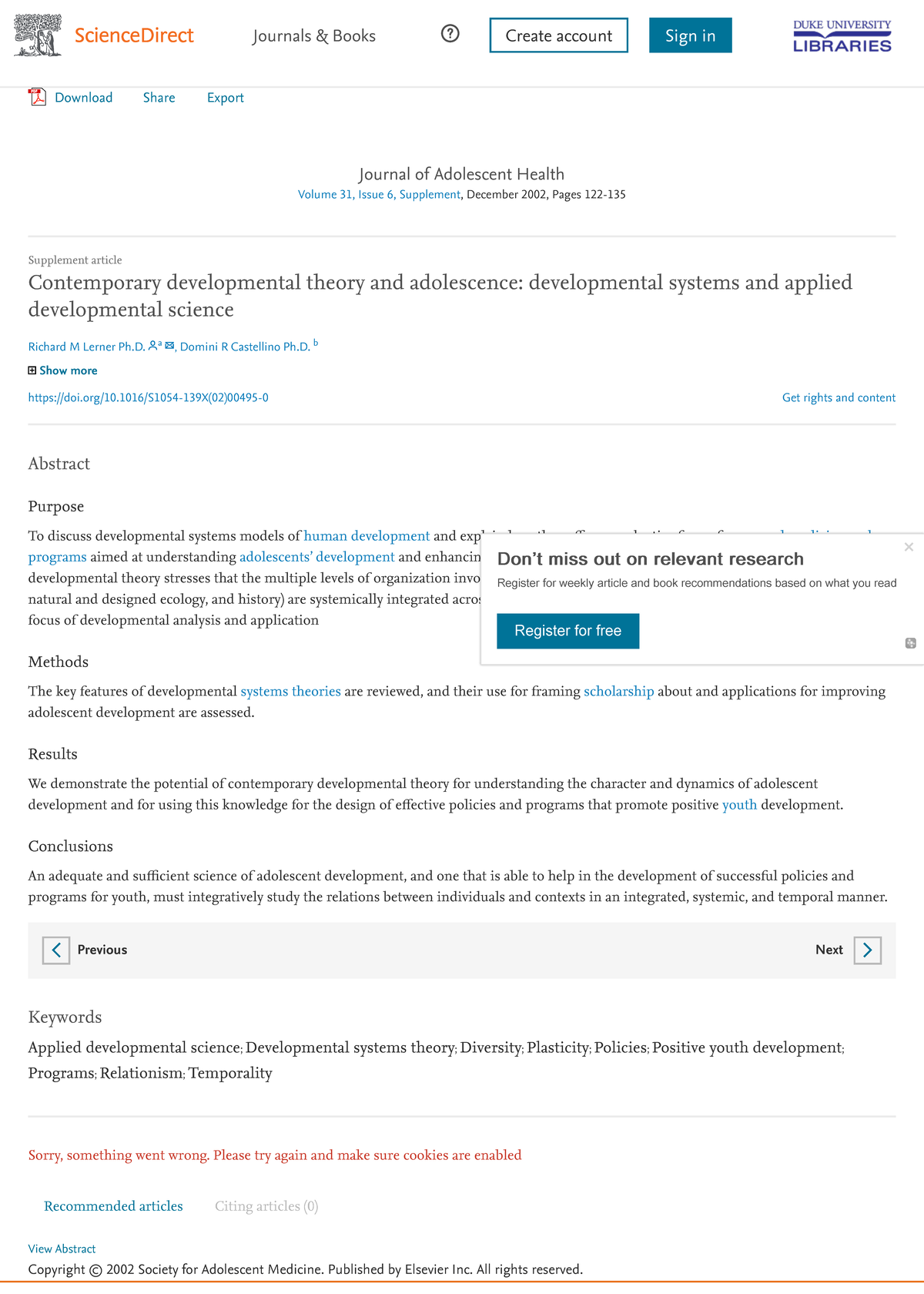 Contemporary developmental theory and adolescence: developmental ...