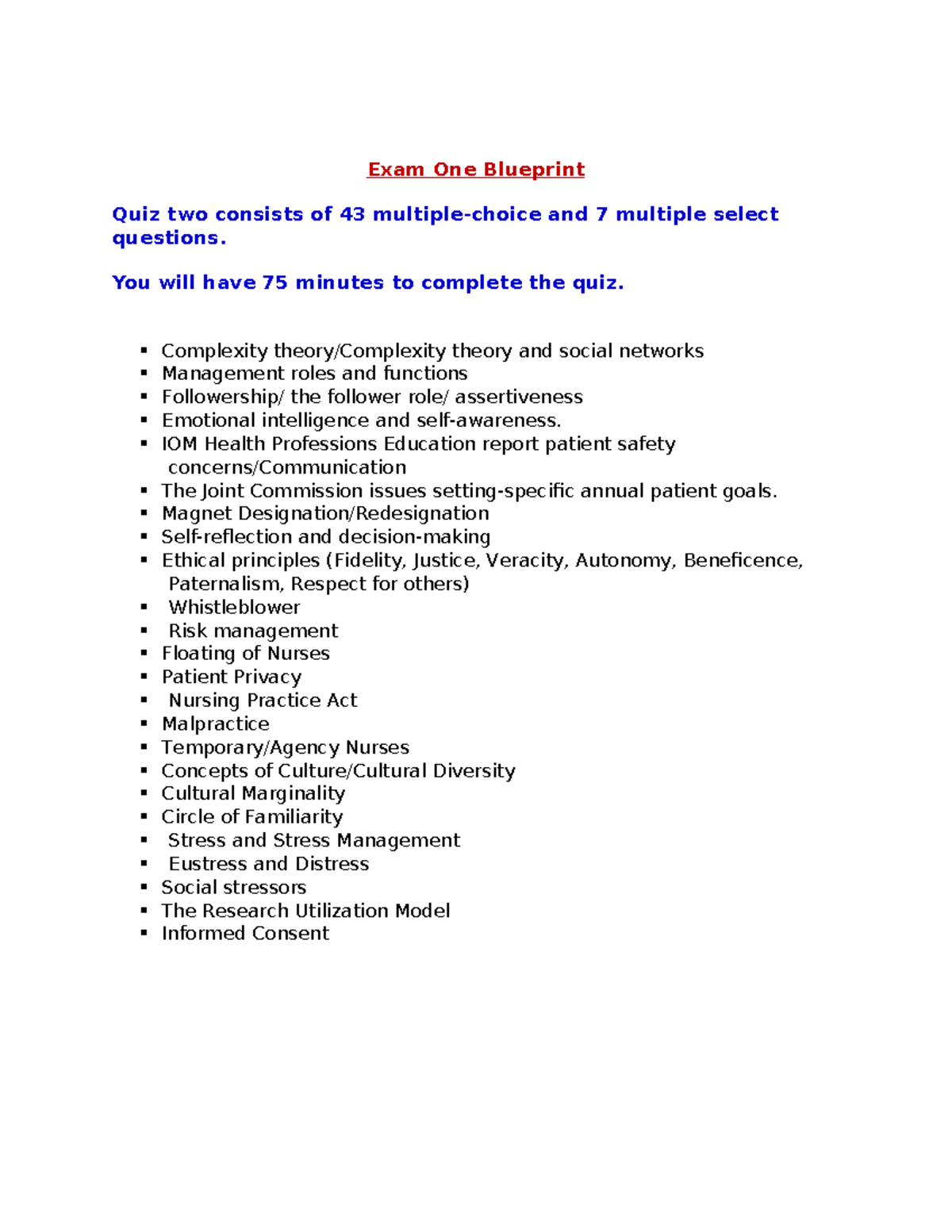 Exam One Blueprint - Exam 1 - Exam One Blueprint Quiz two consists of ...