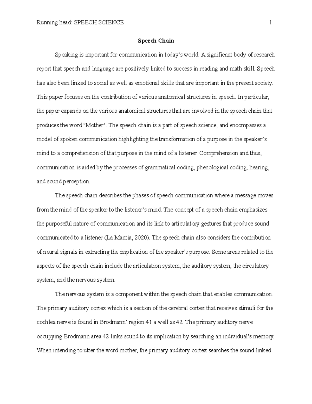 Speech Science - Running head: SPEECH SCIENCE 1 Speech Chain Speaking ...
