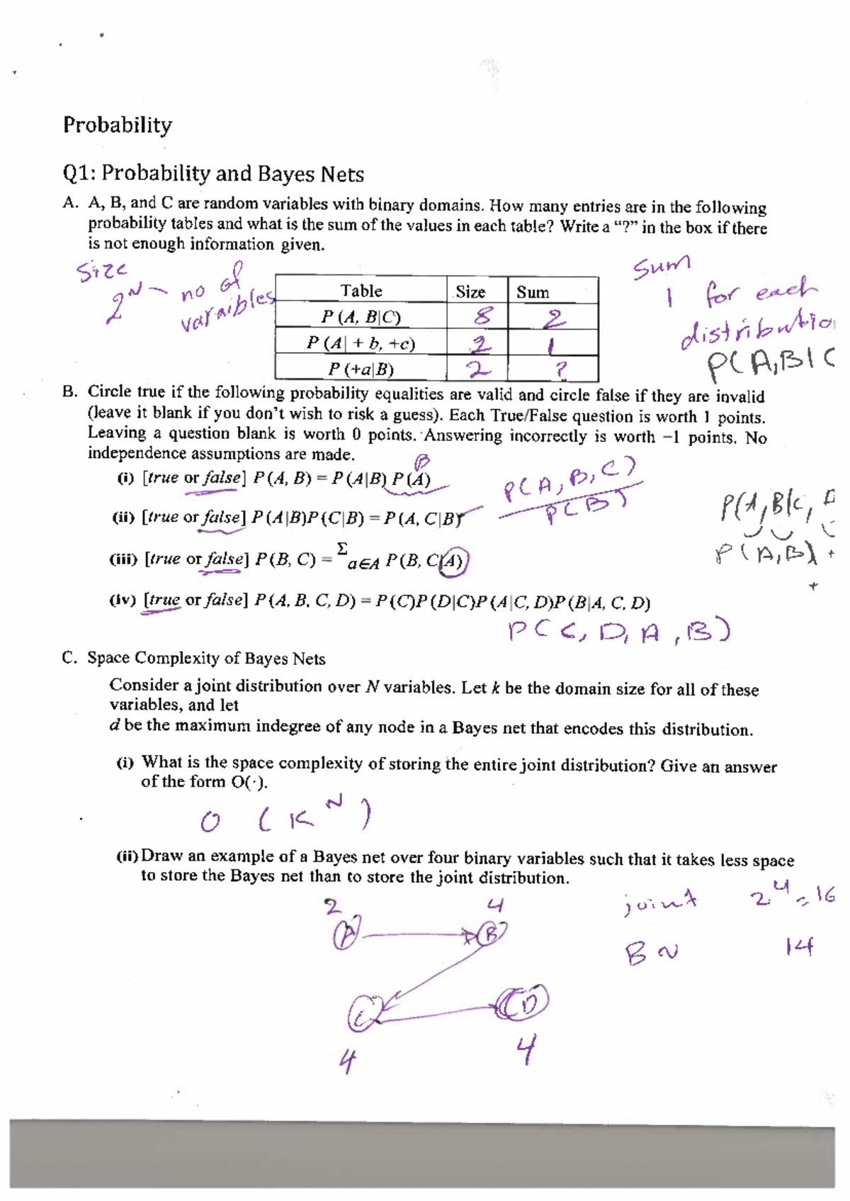 Final Exam prep BNand Prob key(3) - Probability Q1: Probability and Bayes Nets A. A, B, and C ...
