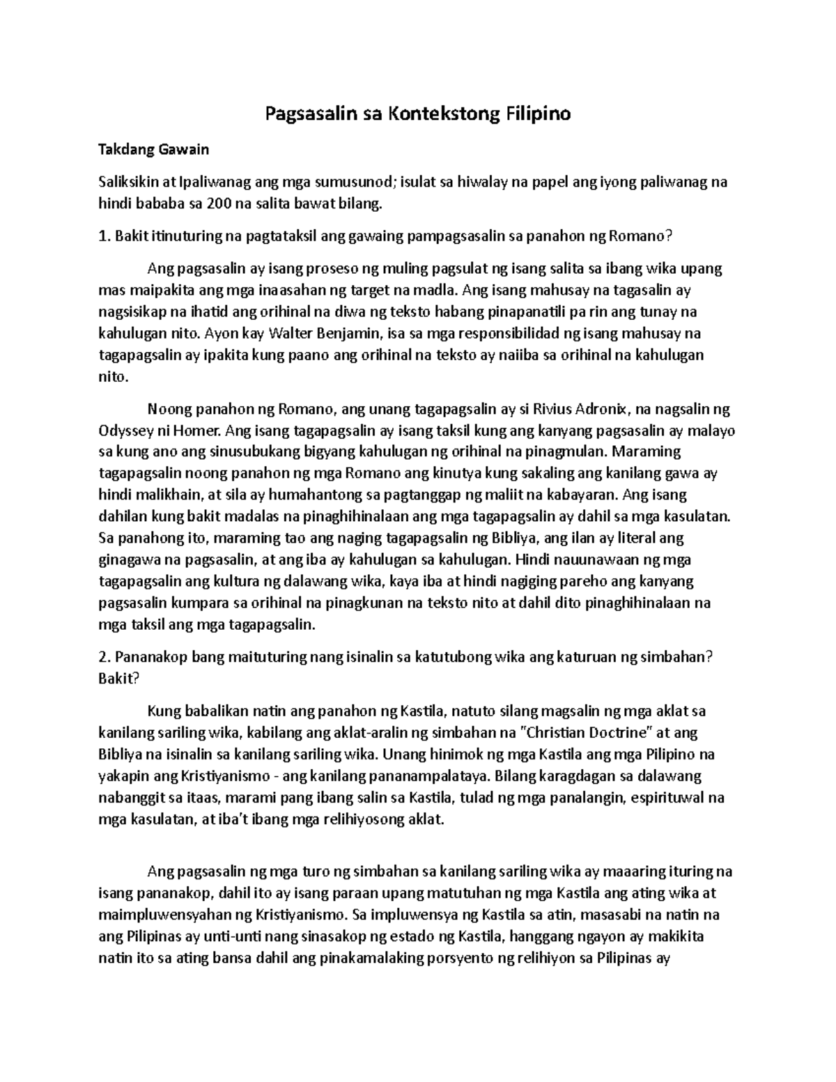 Pagsasalin Takadang Gawain - Pagsasalin sa Kontekstong Filipino Takdang ...