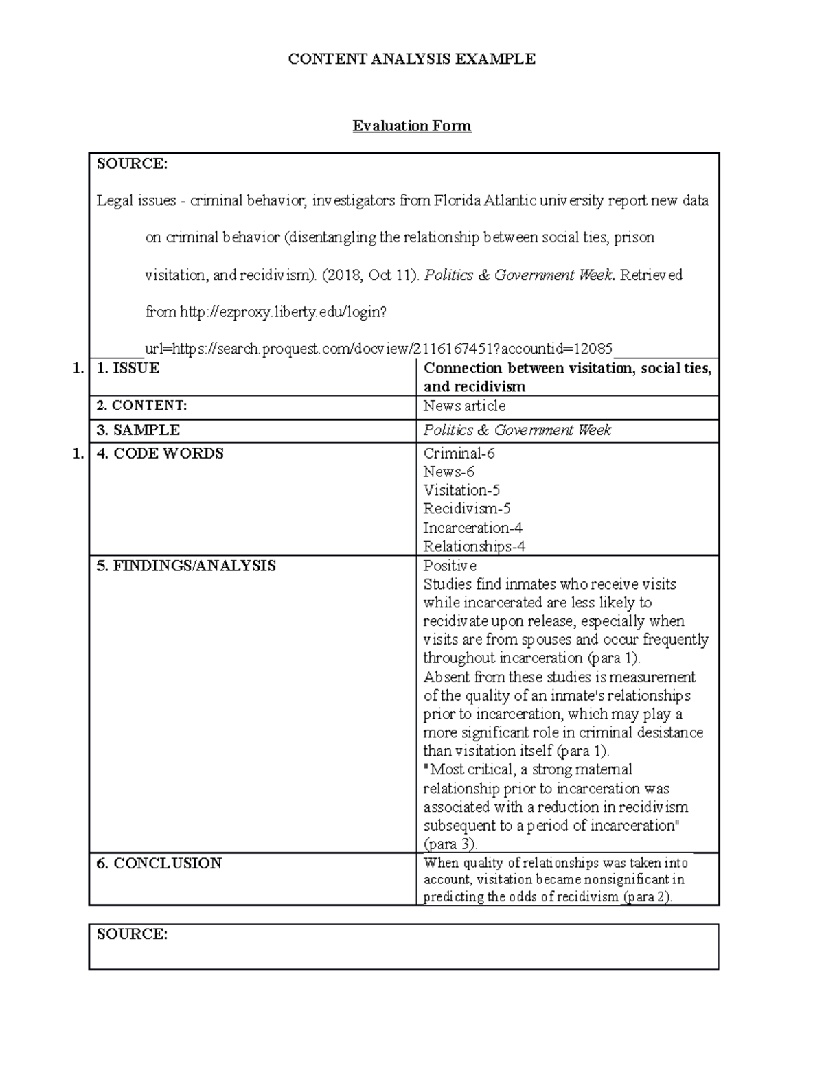 CJUS320-Content Analysis 2 - CONTENT ANALYSIS EXAMPLE Evaluation Form ...
