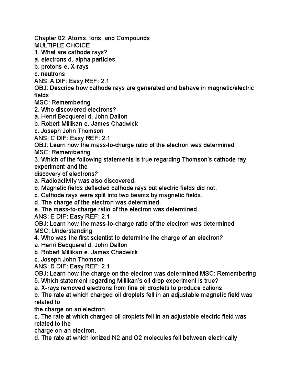 Chapter 02 Bank Test - Chapter 02: Atoms, Ions, and Compounds MULTIPLE ...