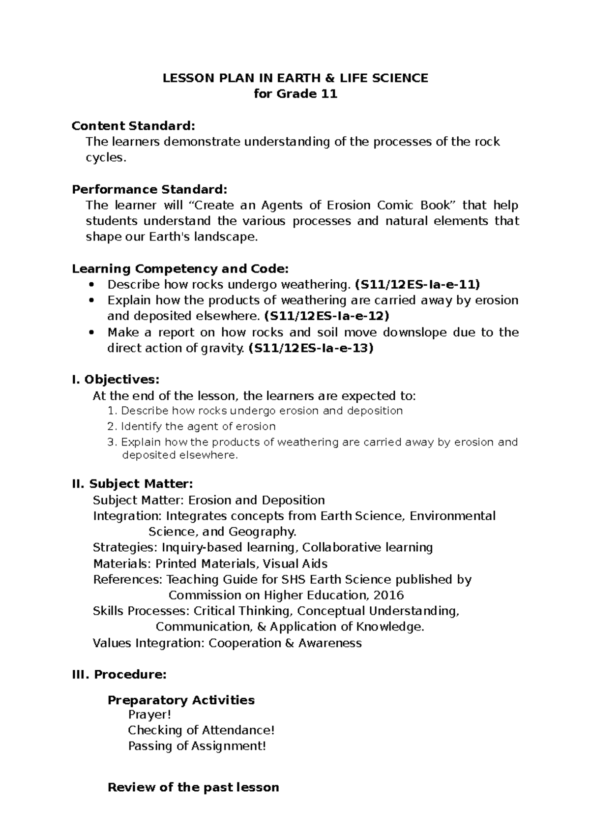 COT1 - lesson plan - LESSON PLAN IN EARTH & LIFE SCIENCE for Grade 11 ...