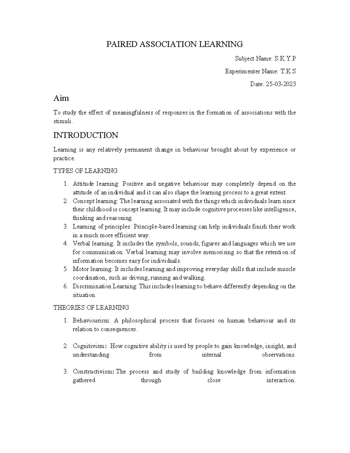 Paired association learning - PAIRED ASSOCIATION LEARNING Subject Name ...