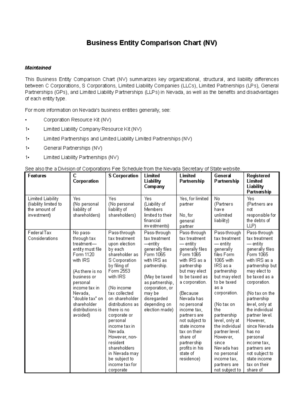 Business Entity Comparison Chart NV - For more information on Nevada's ...