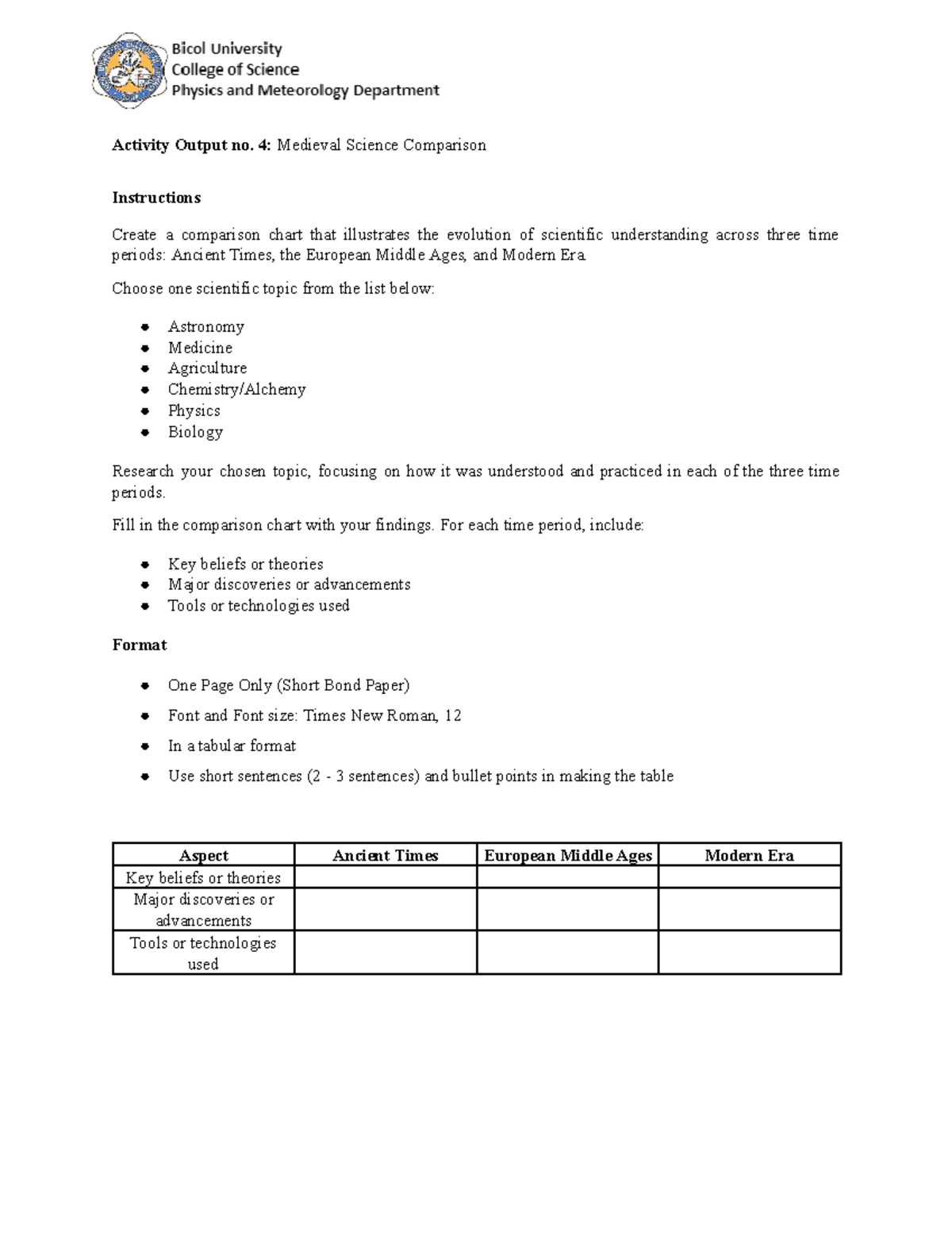 Copy Of 4 Activity Output Activity Output No 4 Medieval Science Comparison Instructions
