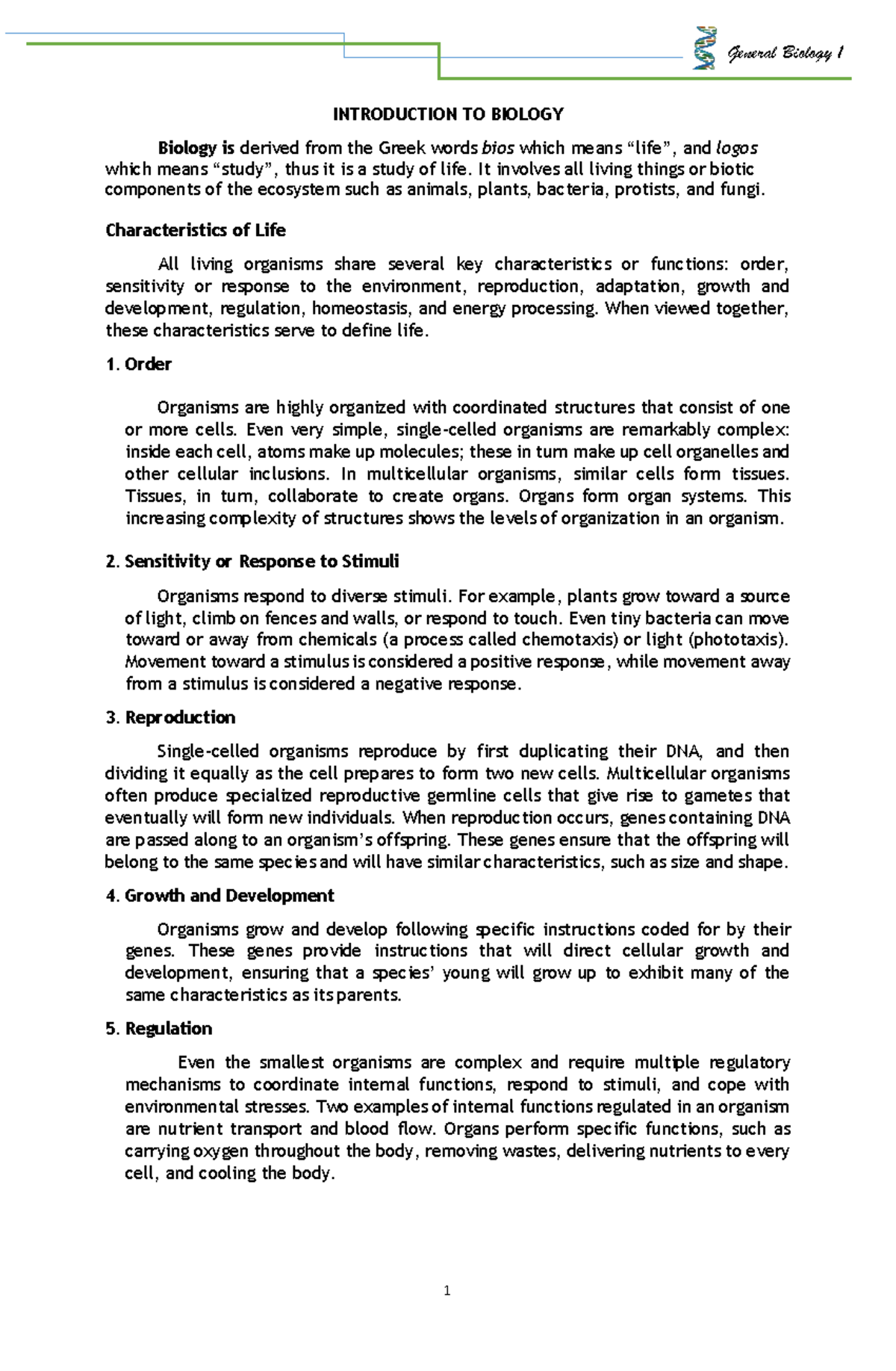 Handout Introduction to Biology (2022-2023) - 1 General Biology 1 INTRODUCTION TO BIOLOGY ...