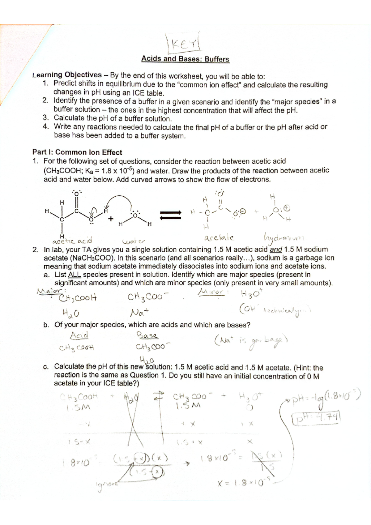 Acids and Bases Buffers KEY - CHEM 1212 - Studocu