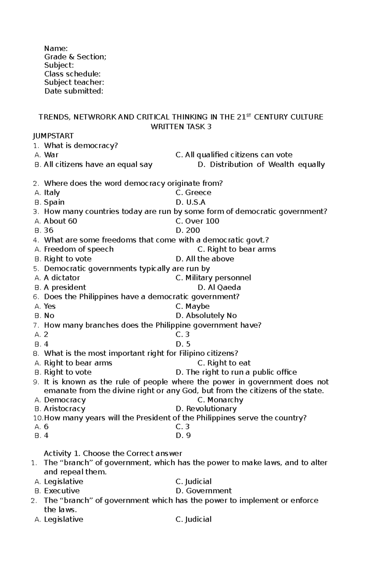 Trends Q2 Written TASK 3 - Name: Grade & Section; Subject: Class ...