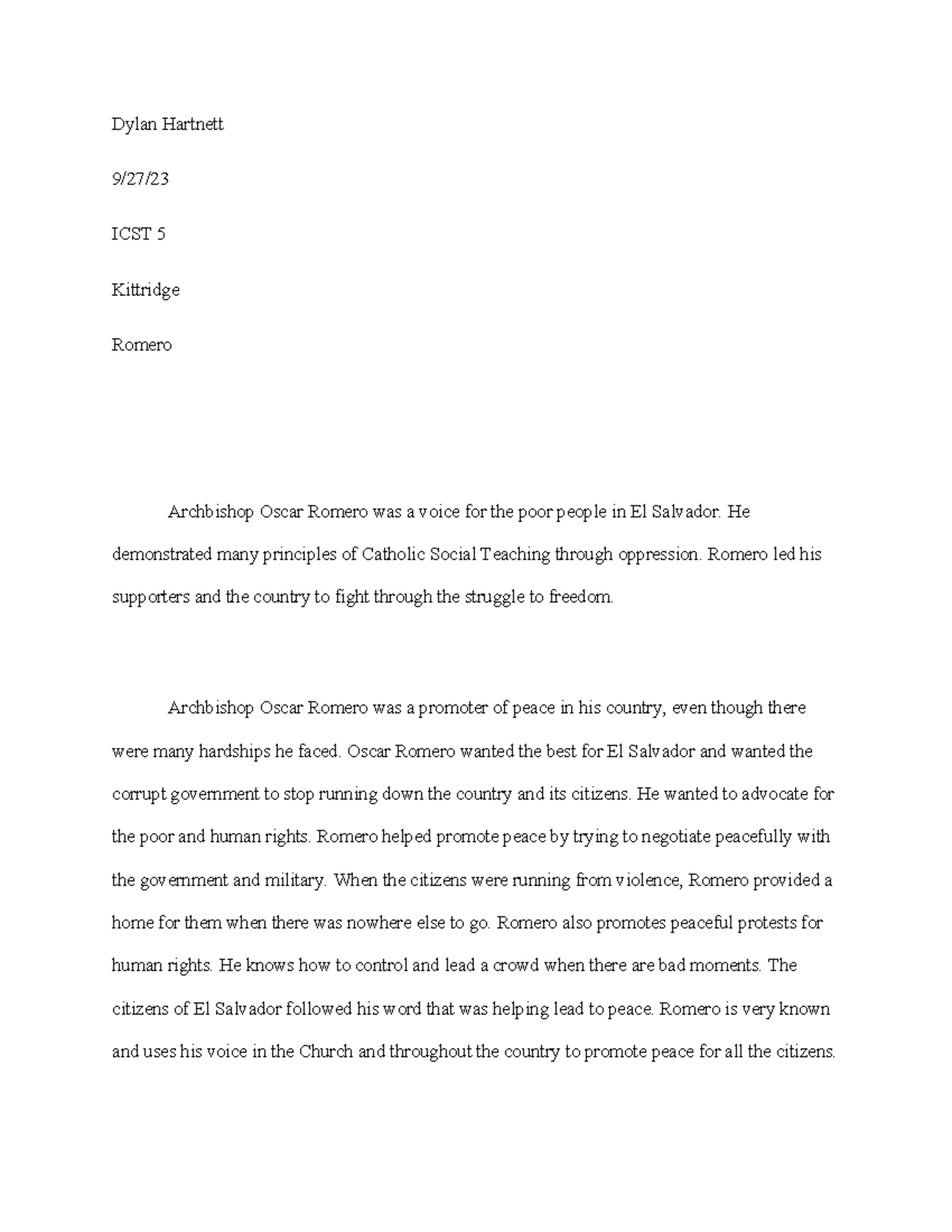 Romero - asd - Dylan Hartnett 9/27/ ICST 5 Kittridge Romero Archbishop ...