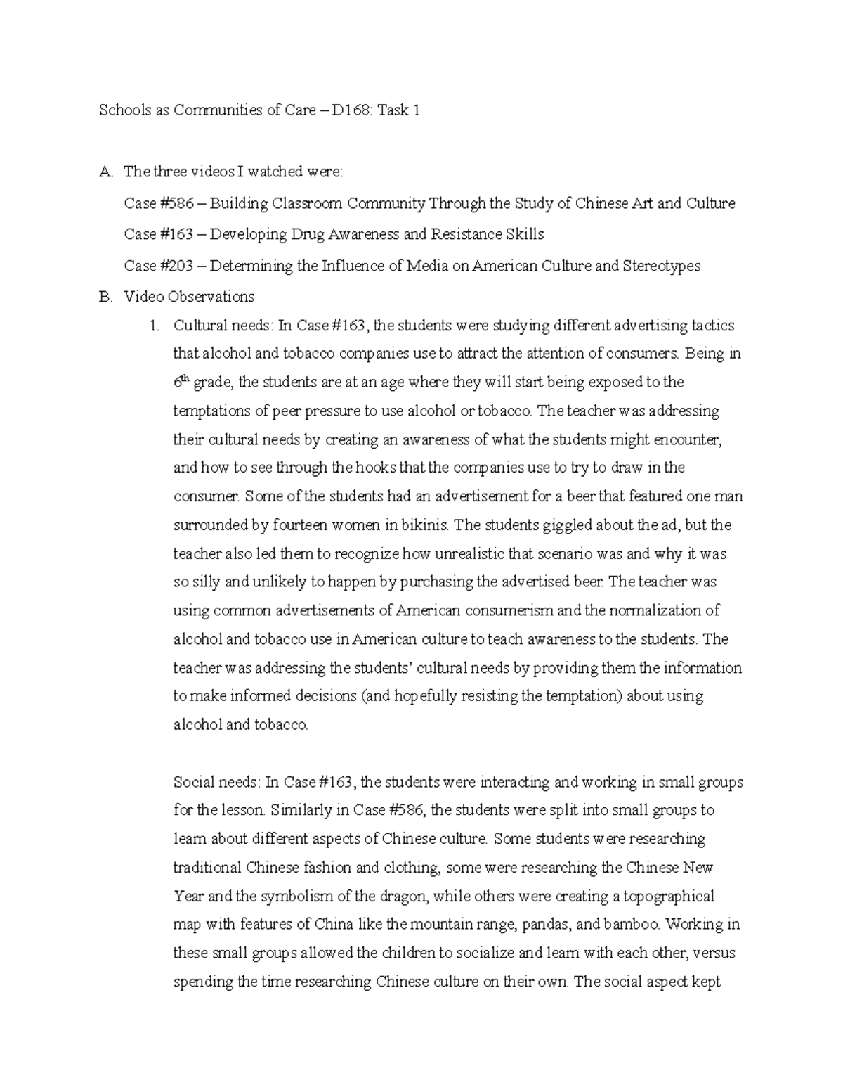 D168 task 1 - Task 1 - Schools as Communities of Care – D168: Task 1 A ...