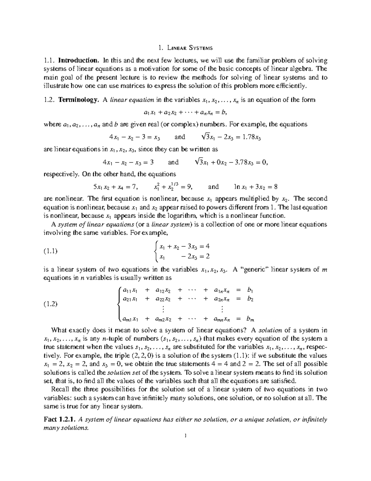 Numerical Linear Algebra - LinearSystems Introduction. In this and the ...