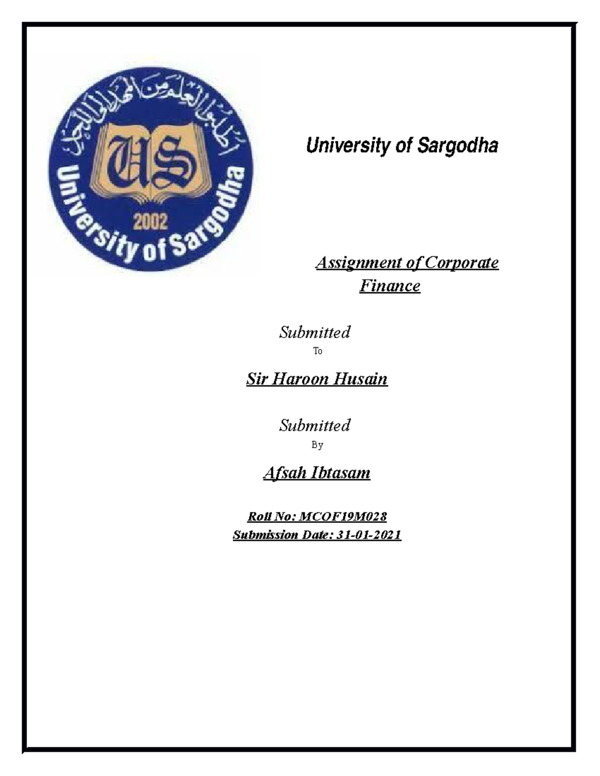 (MCOF19M028) CF assignment - Uni versi ty of Sargodha Assignment of ...