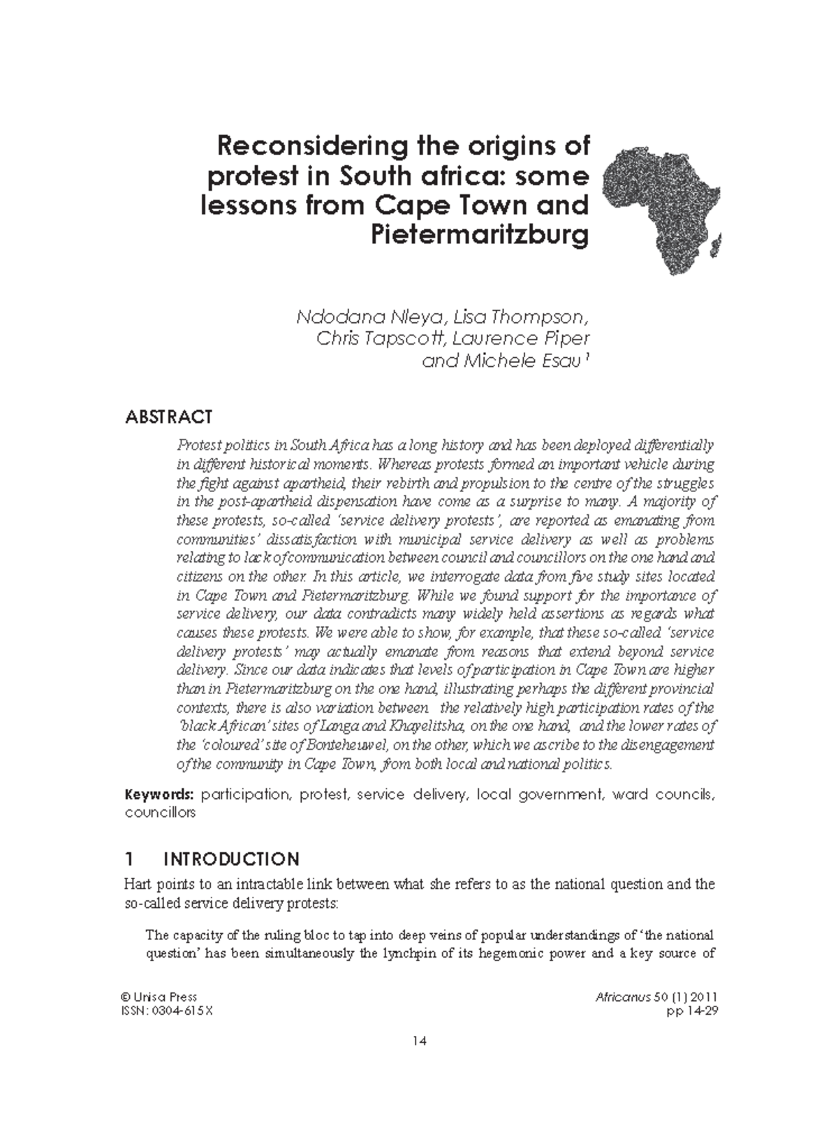 Nleya Protest Politics 2011 - © Unisa Press Africanus 50 (1) 2011 ISSN ...