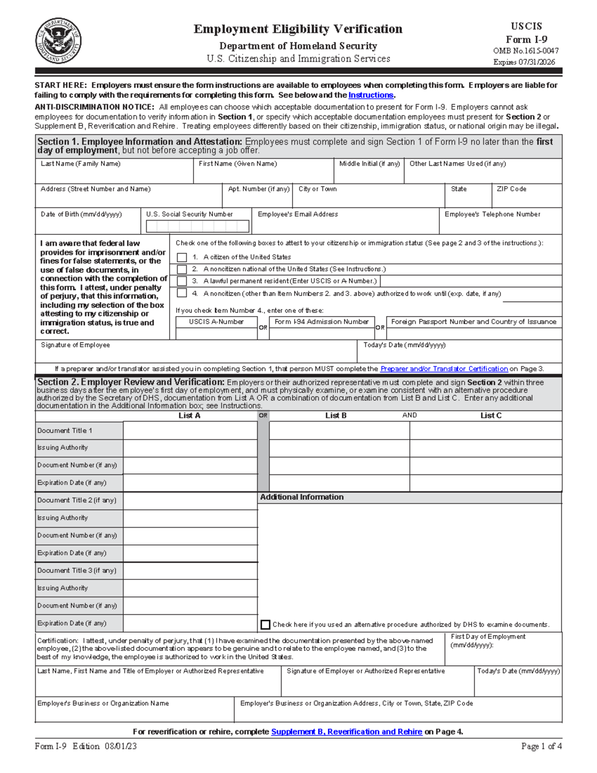 I-9 - Employment Eligibility Verification Department of Homeland ...