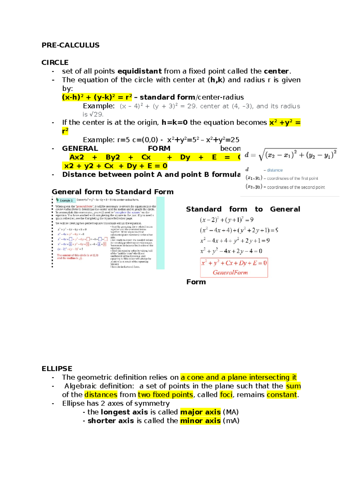 PRE CAL Reviewer - PRE-CALCULUS CIRCLE set of all points equidistant ...