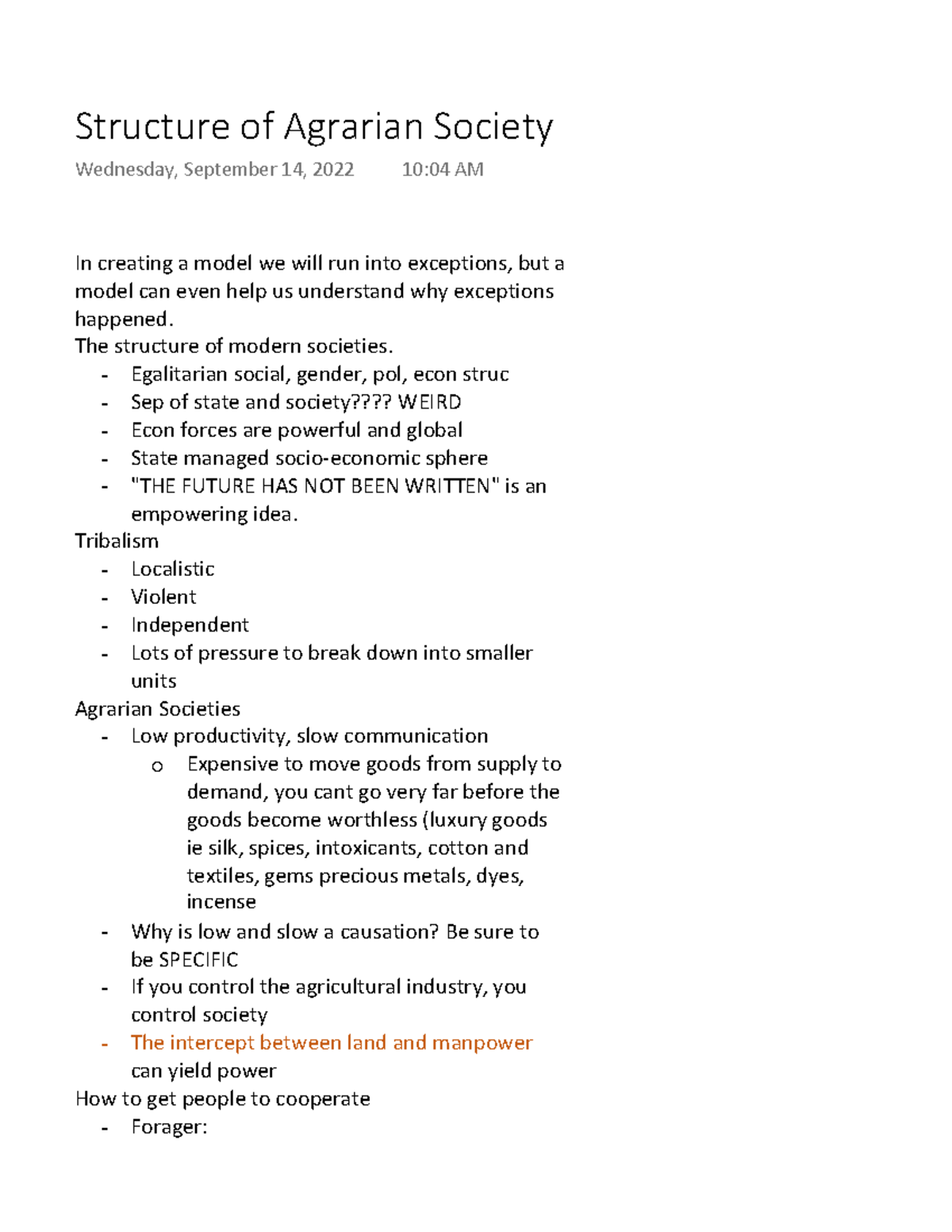 Structure of Agrarian Society - Jon Felt - In creating a model we will ...